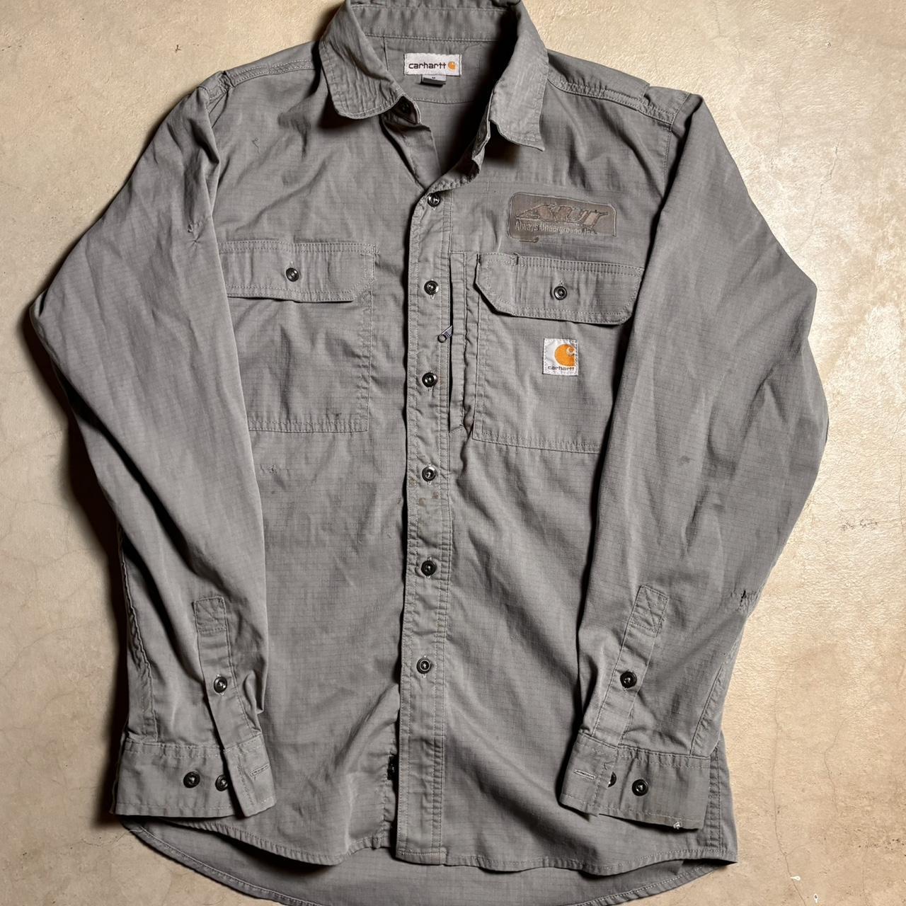 grey carhartt button up normal wear measurements... - Depop