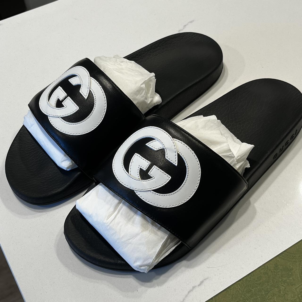 Black, white Gucci symbol men slides size 9 authentic - Depop