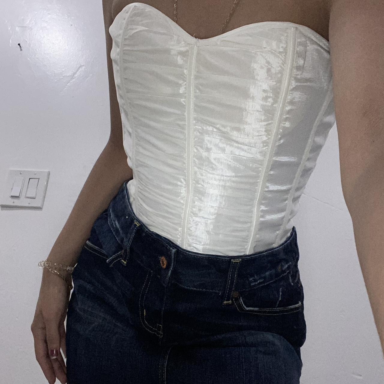 Vintage white corset with boning, strings, & hooks... - Depop