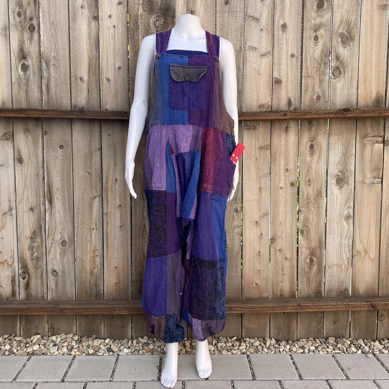 Flower printed hippie patchwork overalls... - Depop