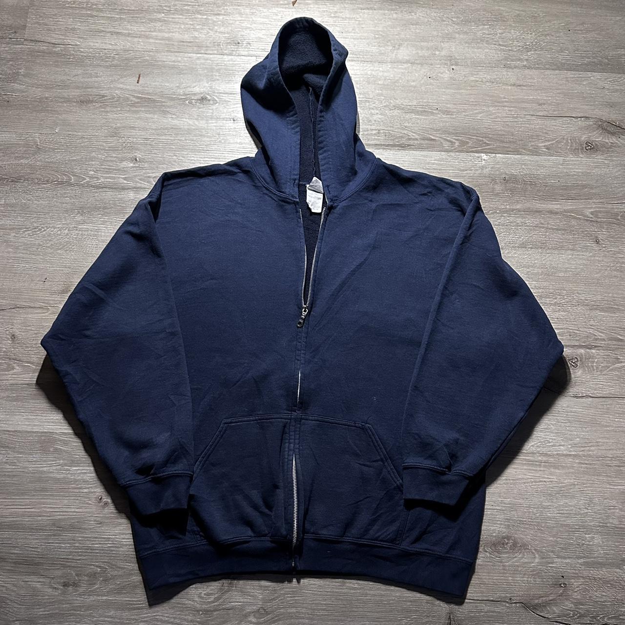 90s Navy Zip Up Hoodie Size XL fits like L chest... - Depop