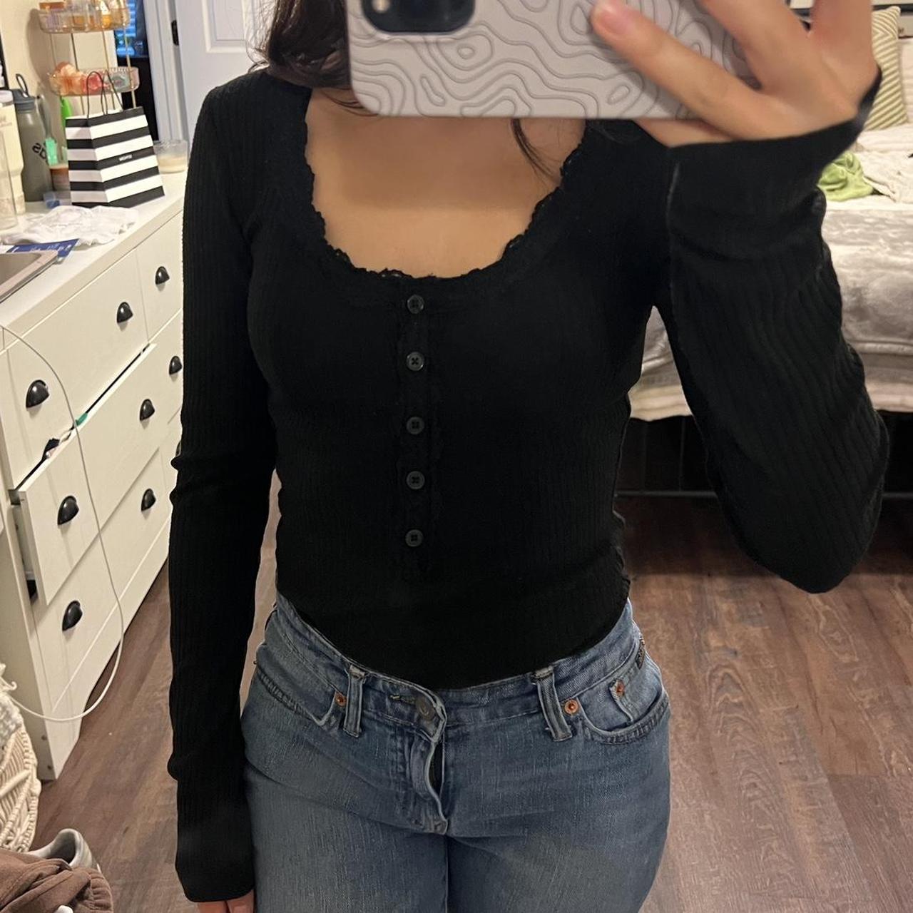 Small black half button body suit with lace from... - Depop