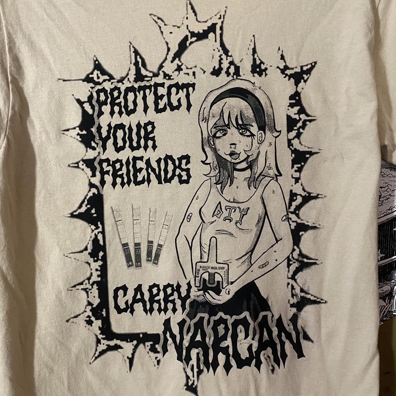 Tan screen printed DIY shirt with my original art on... - Depop