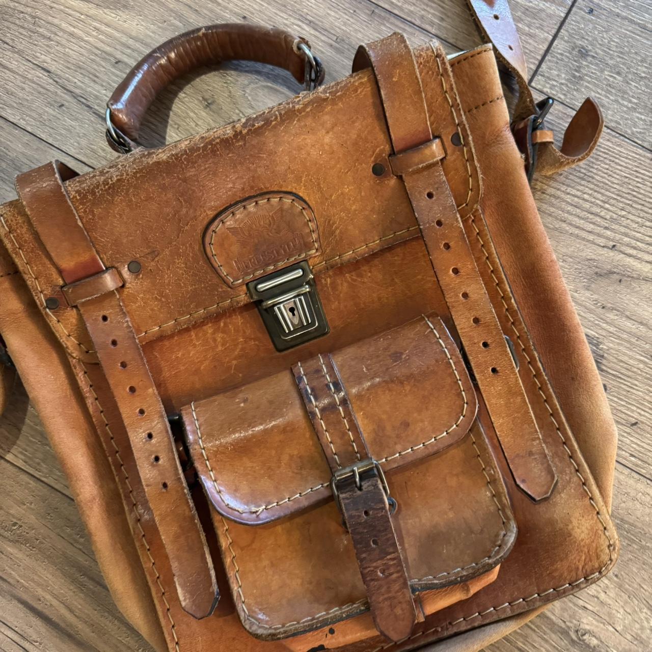 Vintage Tan and brown leather satchel bag with... - Depop