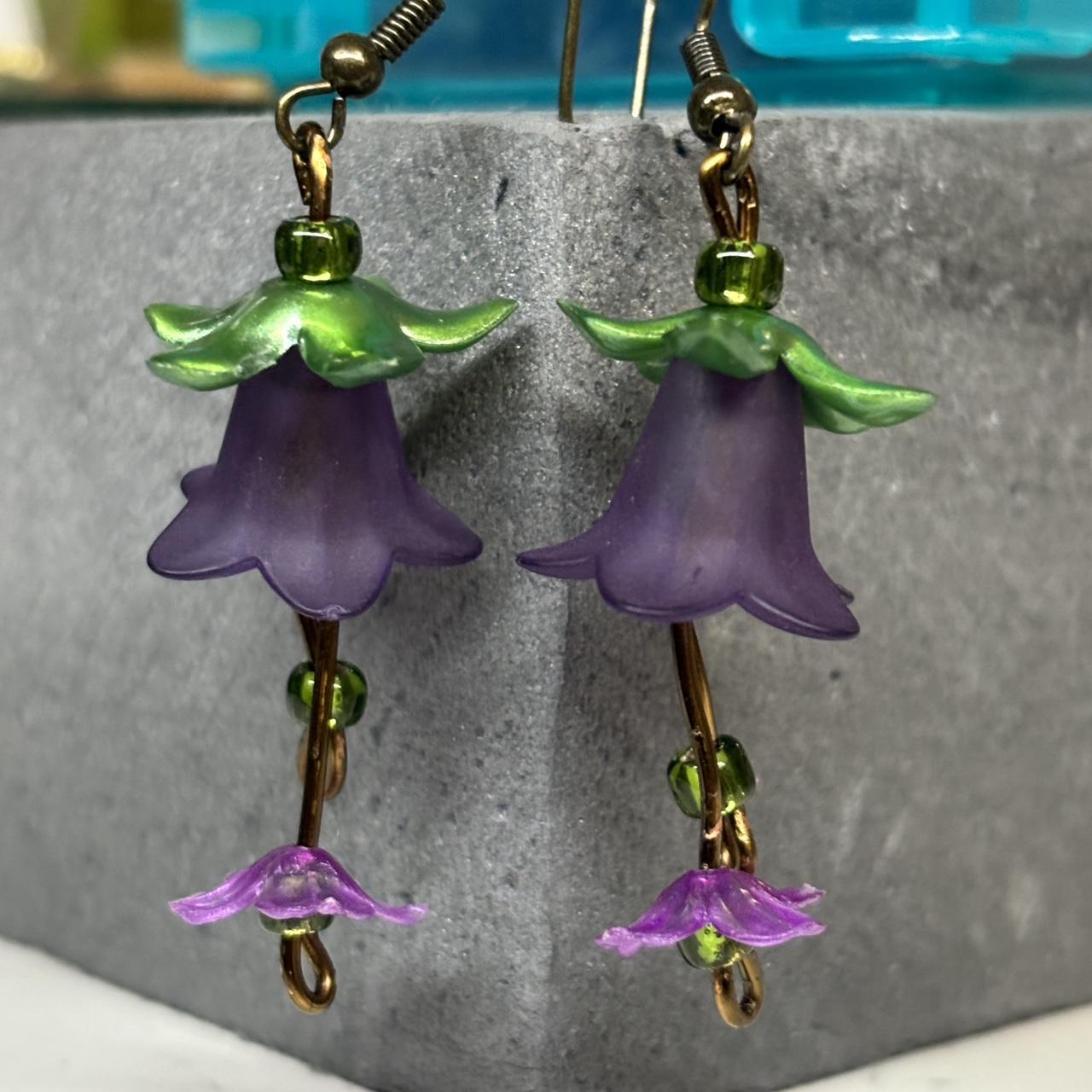 Purple and Bronze Dangle Flower Earrings handmade... - Depop