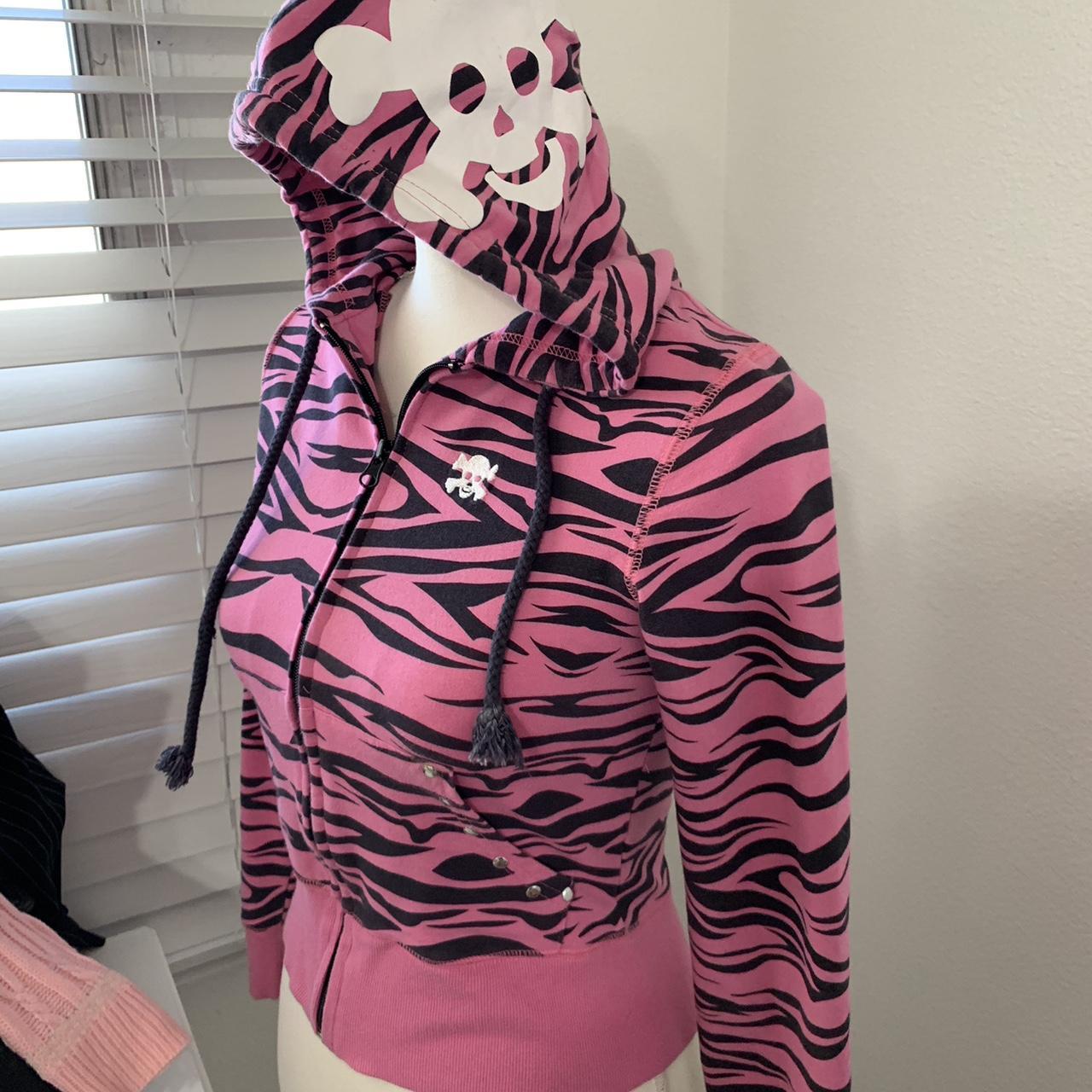pink and black zebra print zip up hoodie skull and... - Depop