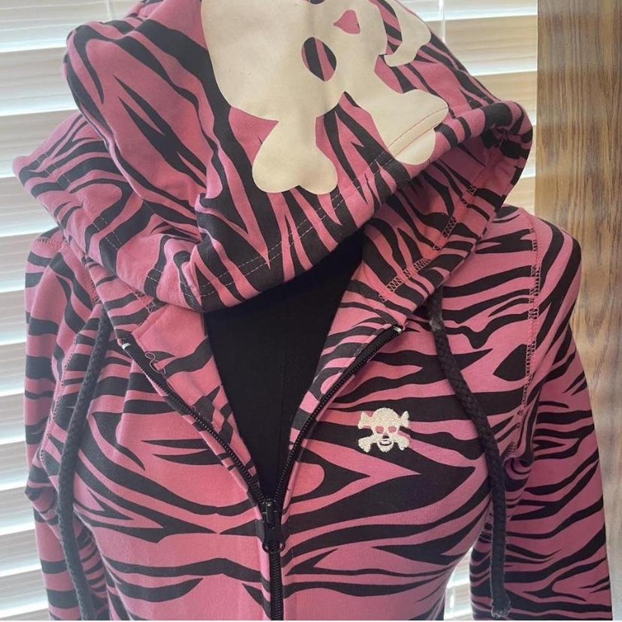 pink and black zebra print zip up hoodie skull and... - Depop