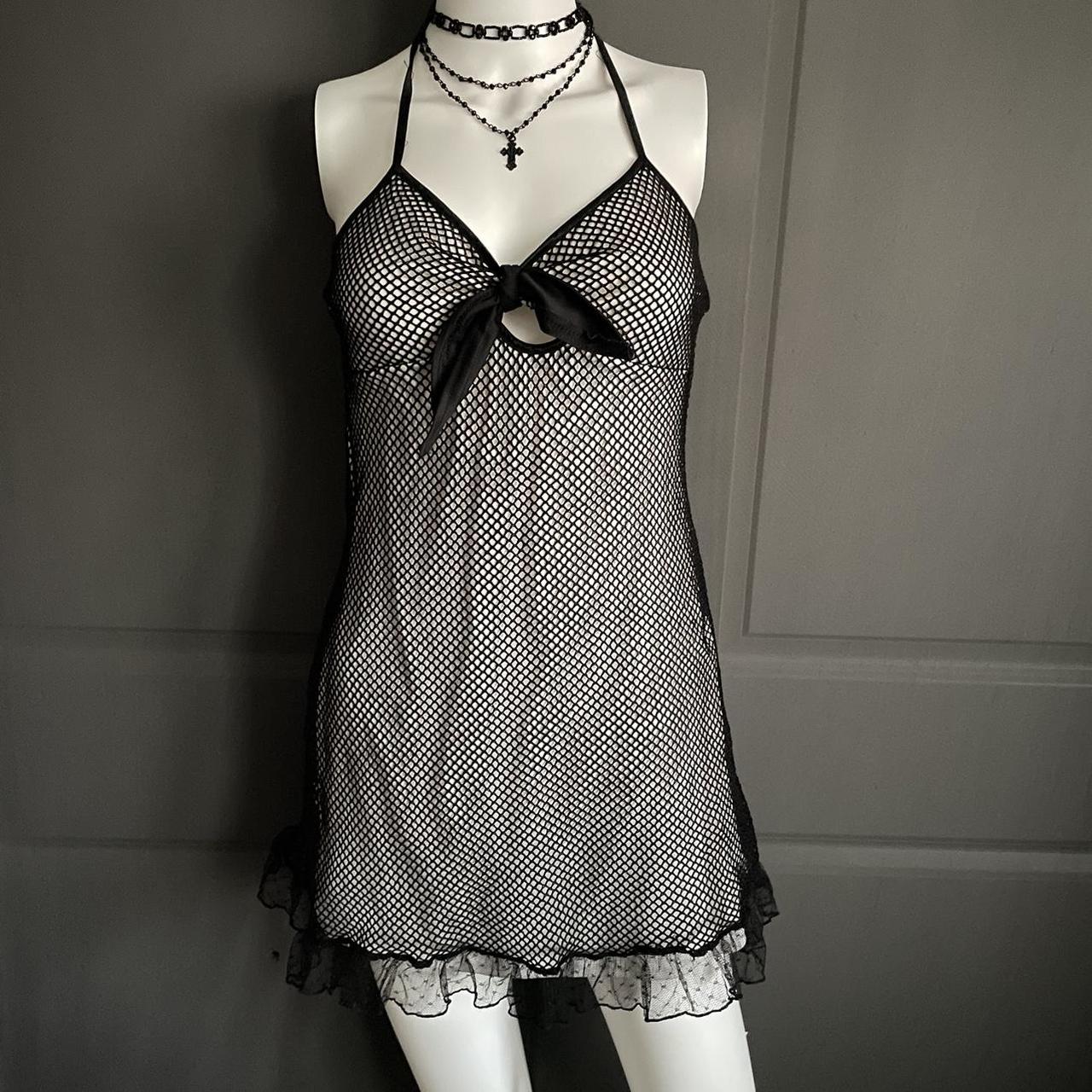 vintage 90s goth emo fishnet mesh mini dress with... - Depop