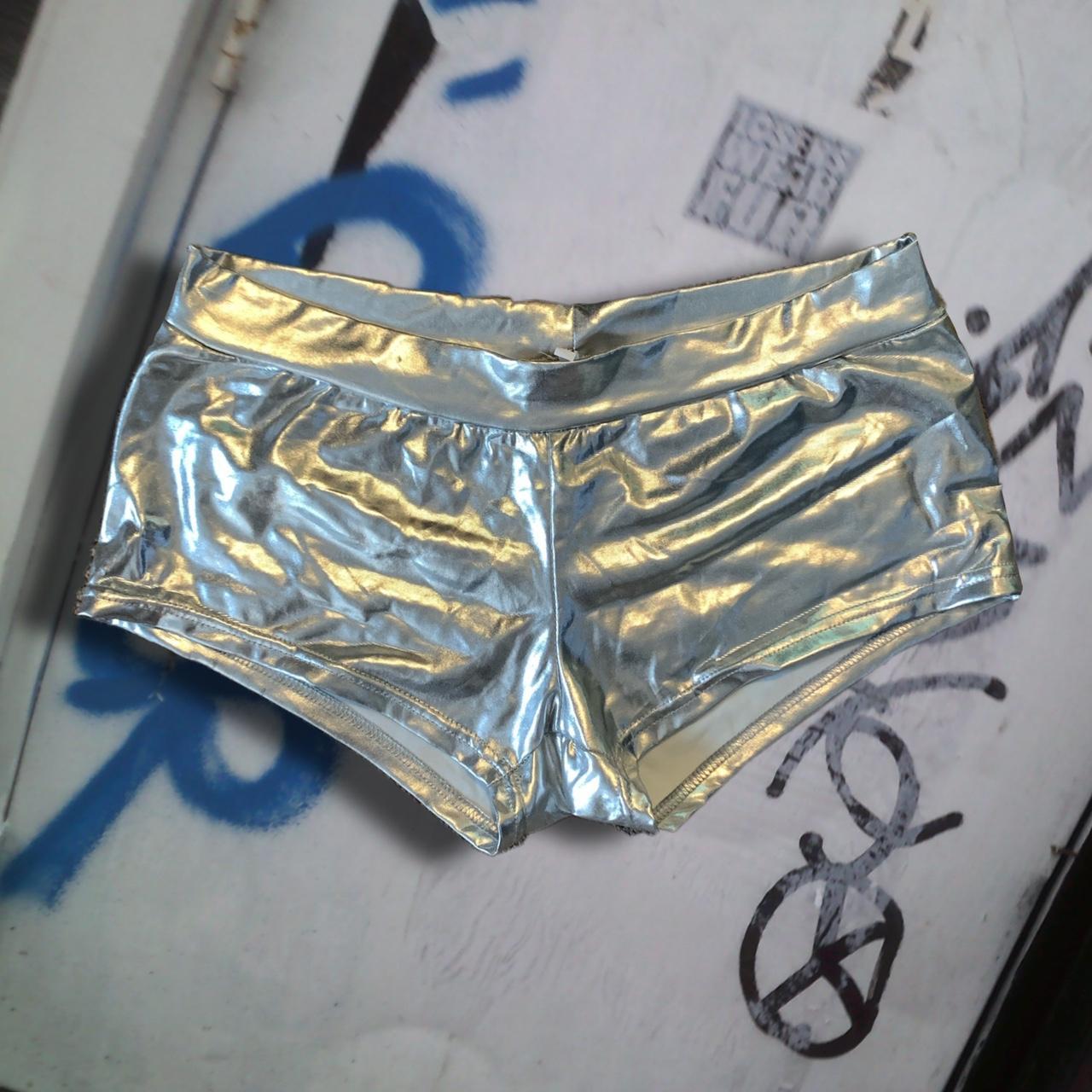 Silver metallic chrome mini booty shorts, no brand,... - Depop