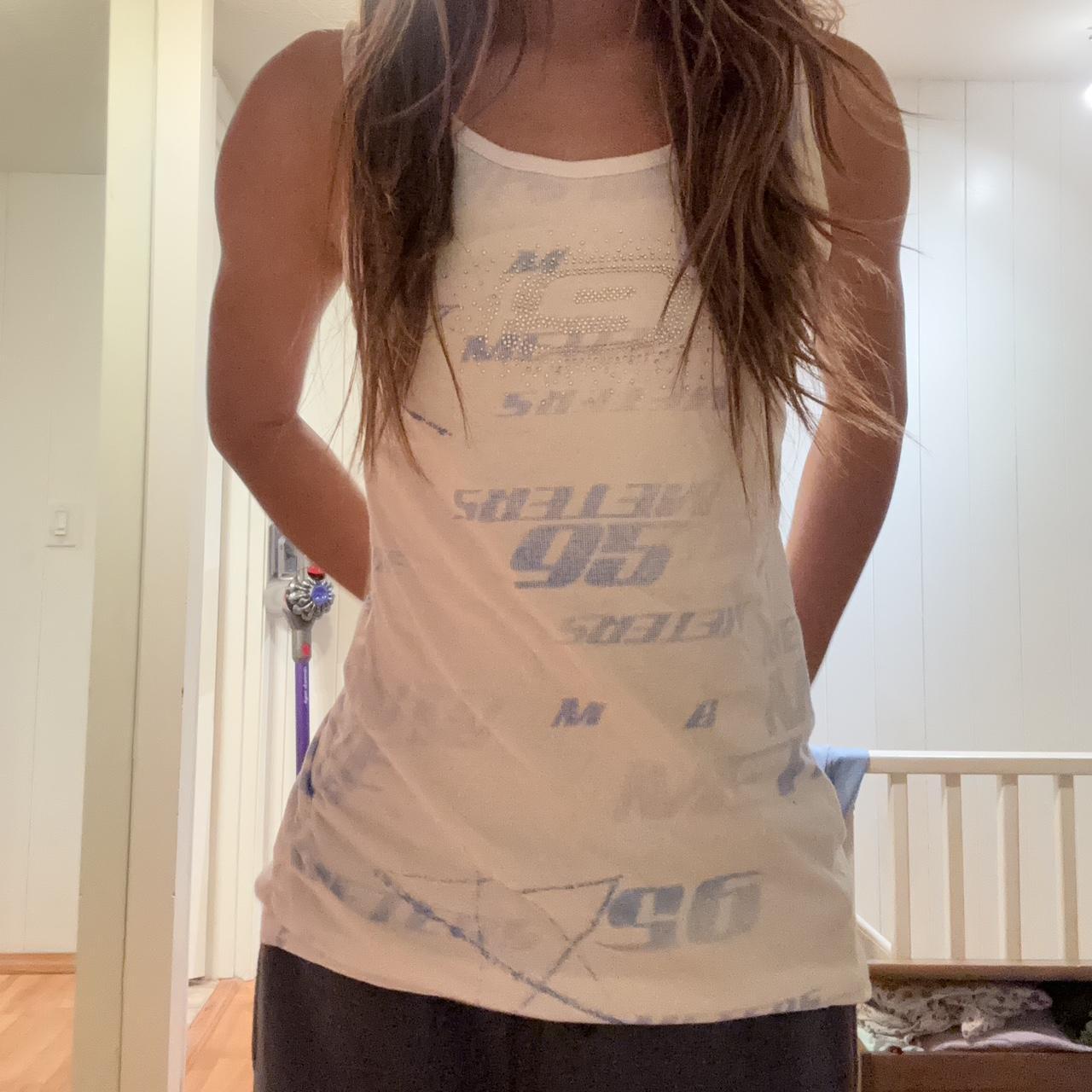 white and blue cyber y2k sleeveless top worn once... - Depop