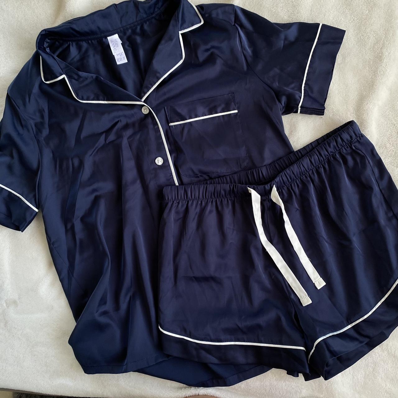 💤 NAVY BLUE SILK PAJAMA SET • never worn! • will... - Depop