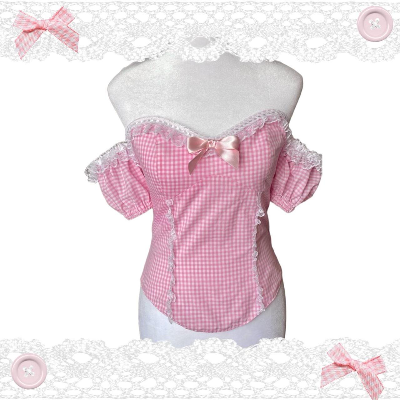 the bo beep top🎀 a pink gingham lacy corset top with... - Depop