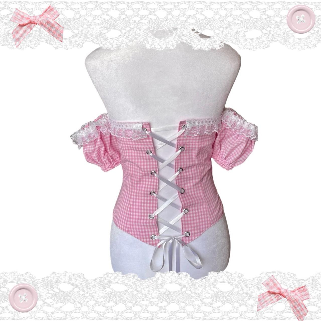 the bo beep top🎀 a pink gingham lacy corset top with... - Depop