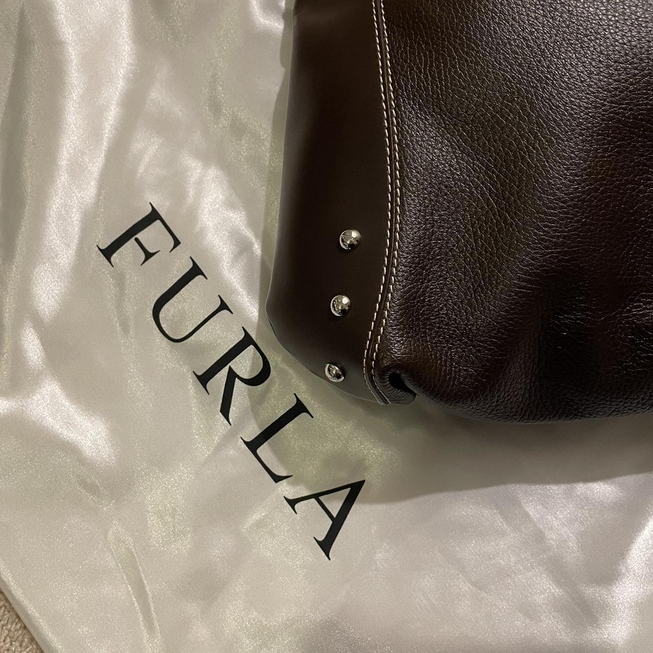 furla dark chocolate brown leather shoulder bag with... - Depop