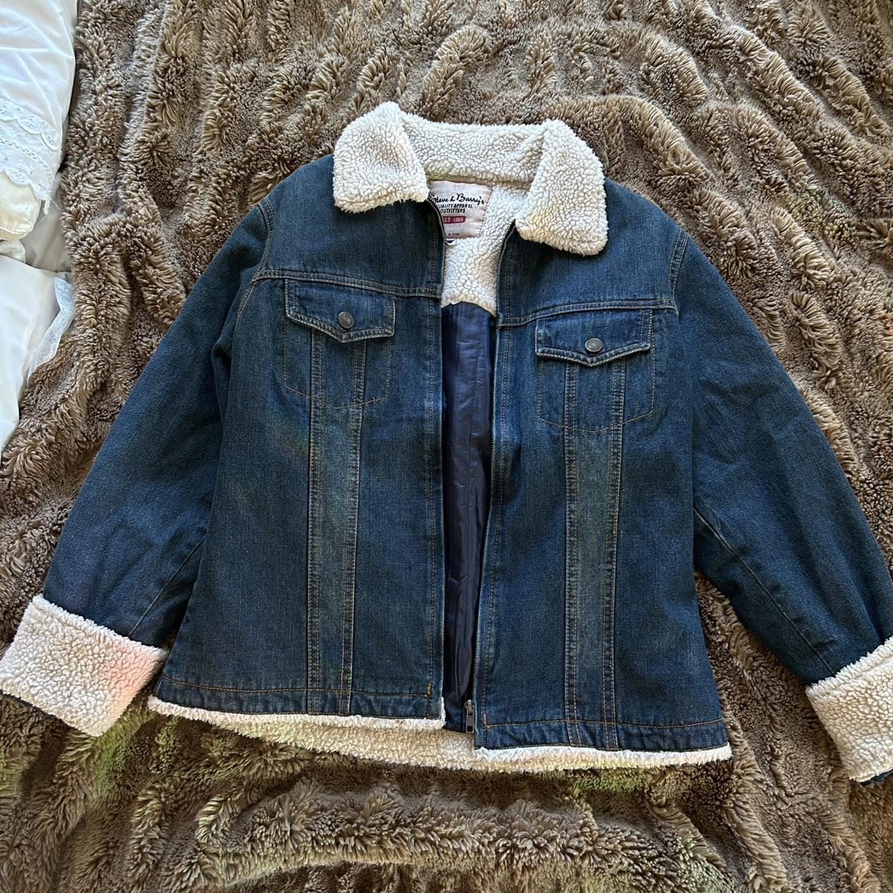 Blue denim jacket with cream fur lining, featuring a... | Depop