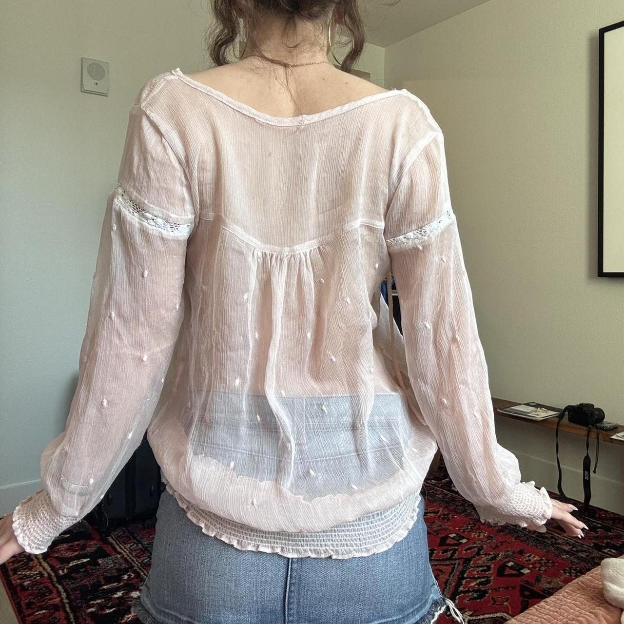 Dainty sheer baby pink blouse with lace detailing.... | Depop