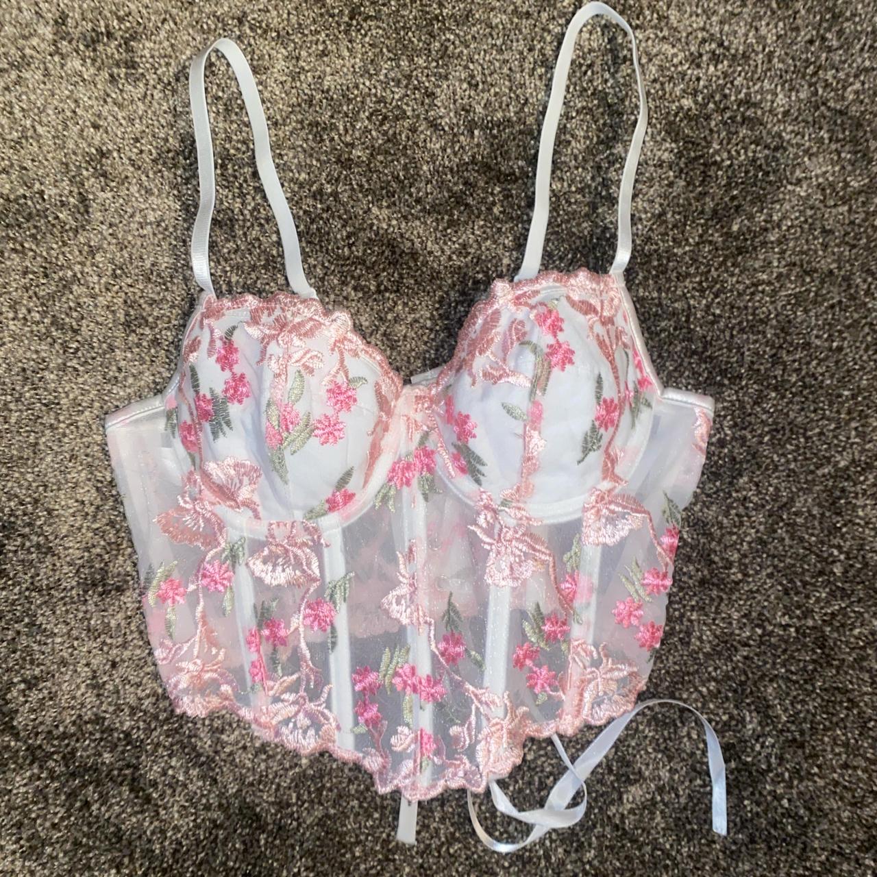 Mesh floral pink and white y2k coquette corset fairy... | Depop