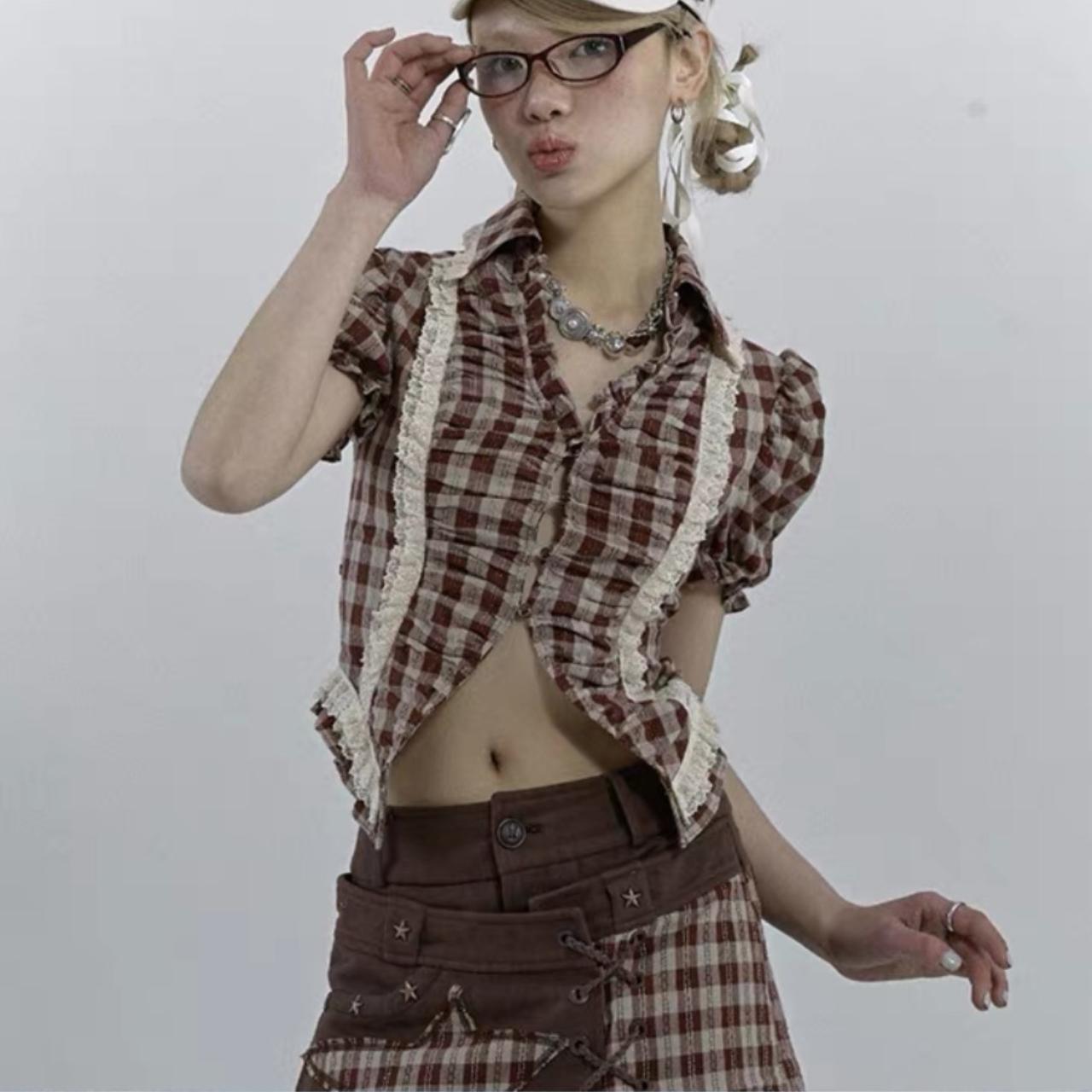 * NO ROMANCE | Y2K Puff Sleeves Plaid Top * *... - Depop