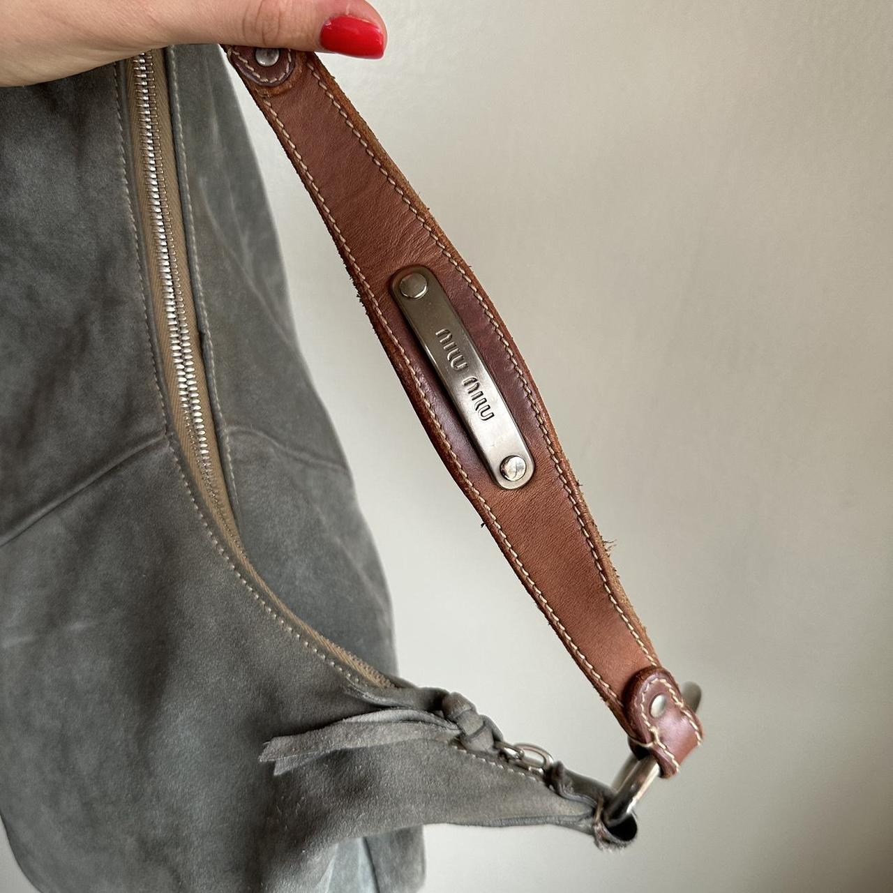 Authentic Mui Mui suede shoulder bag with a leather... - Depop