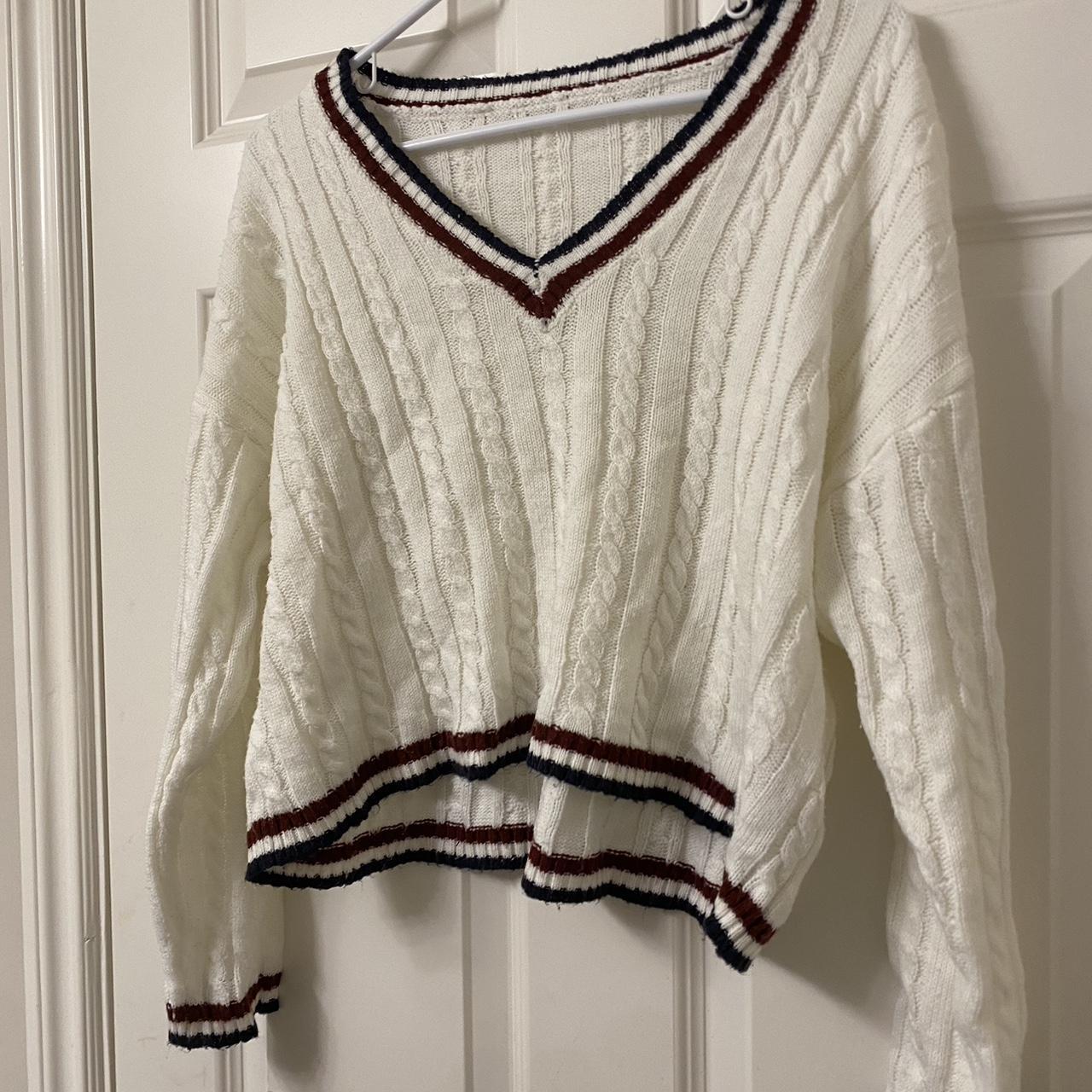 preppy white red and blue sweater! *ೃ༄ the cutest... - Depop