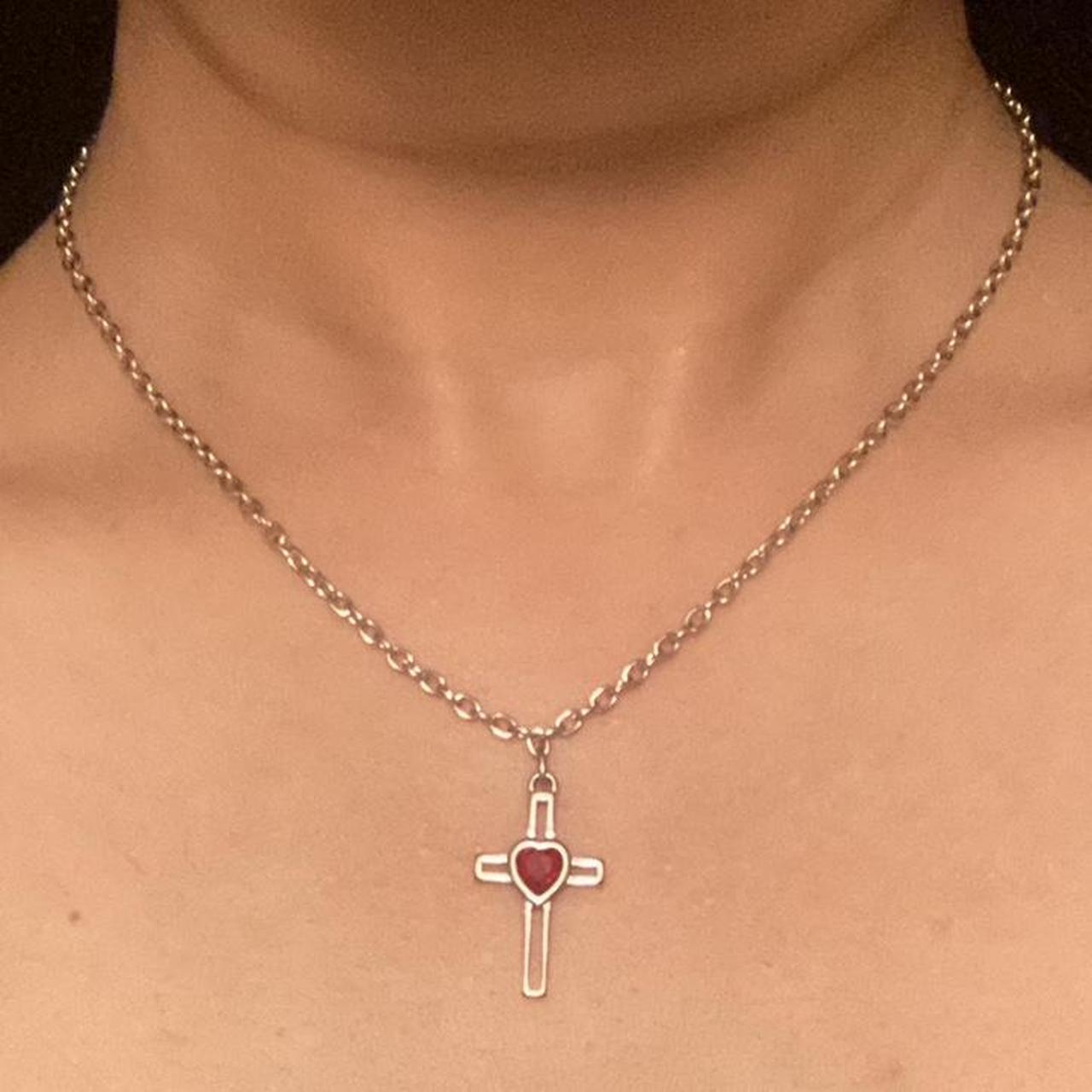 handmade silver cross necklace w red heart... - Depop