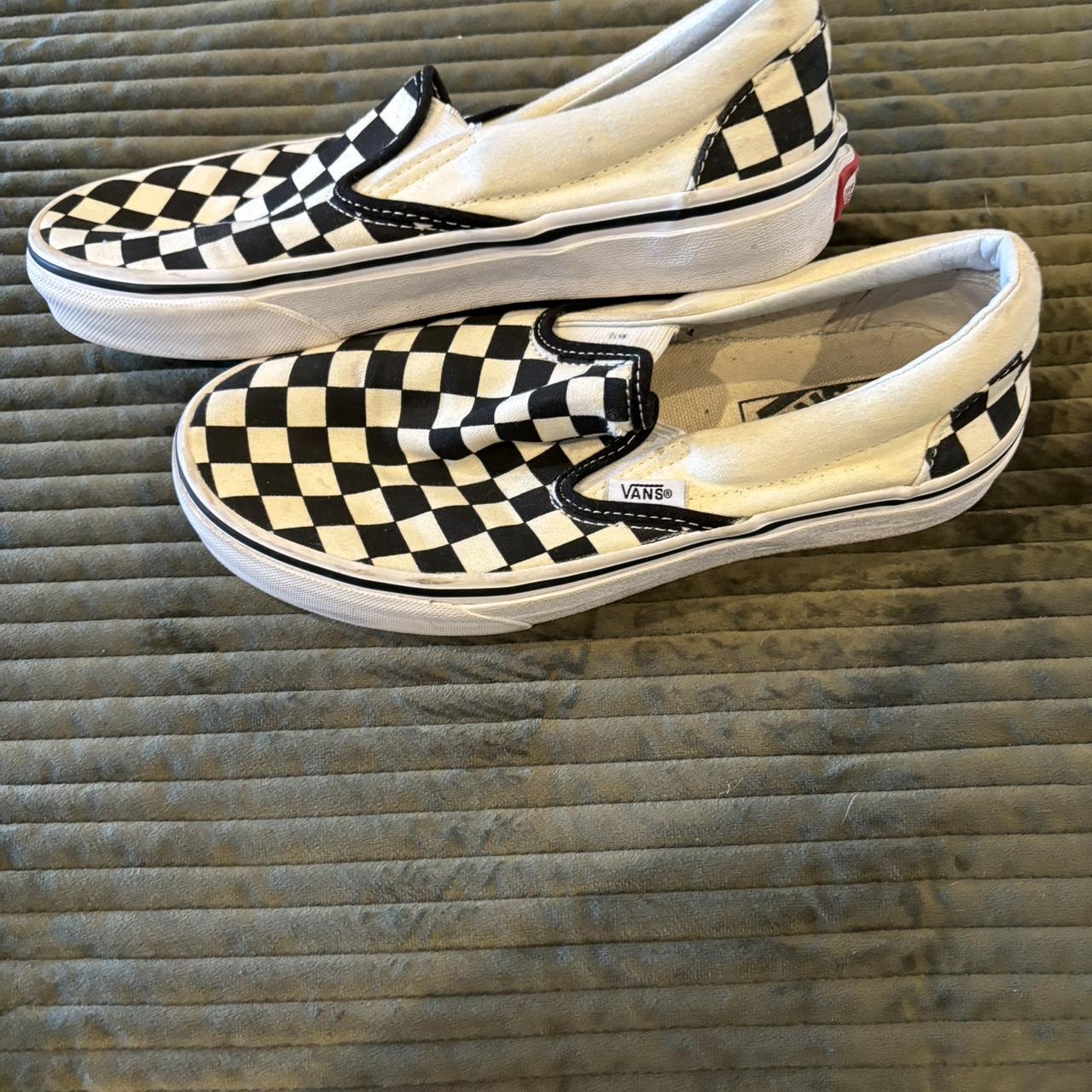 Black and white checkered Vans slip-on trainers... - Depop