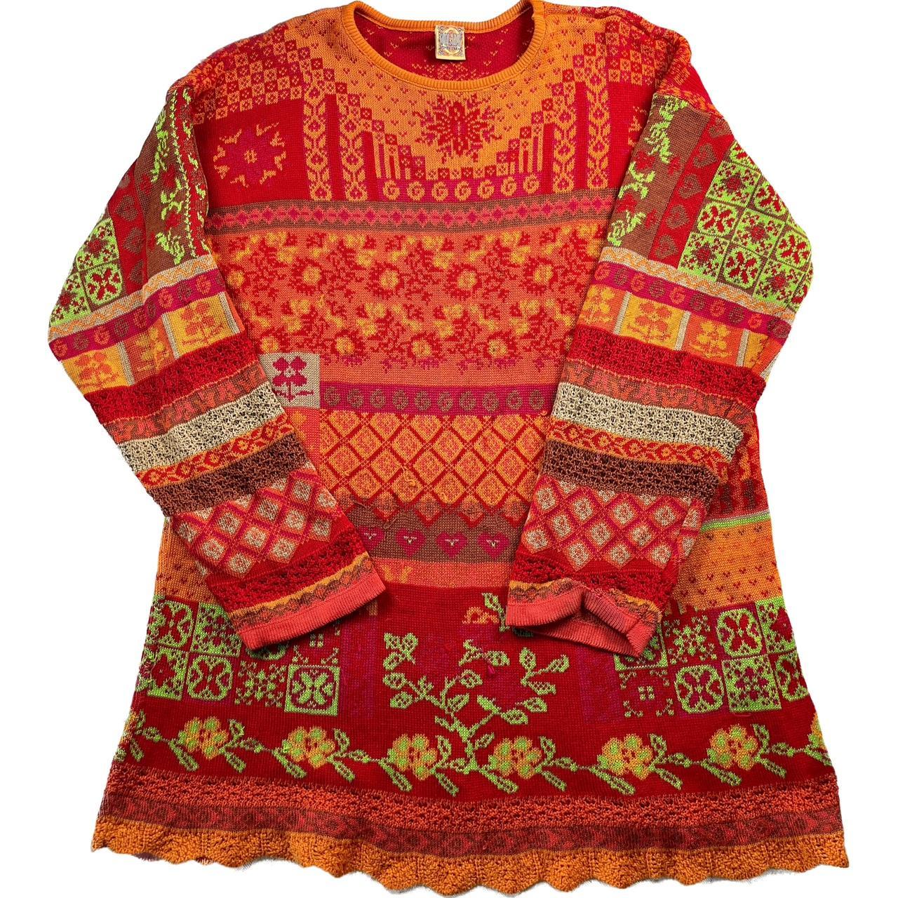 Oilily Sweater Orange V-Neck Geometric Design Long... - Depop