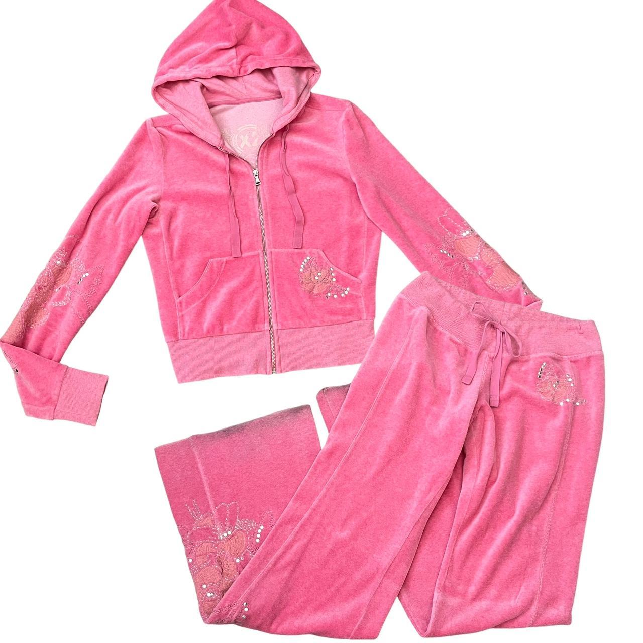 bubblegum pink bling embroidered velour tracksuit... - Depop