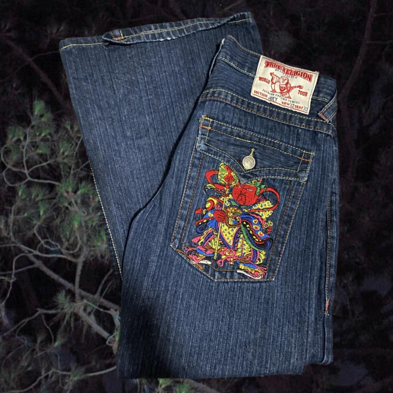 weird ed hardy type true religion pants boot cut... - Depop