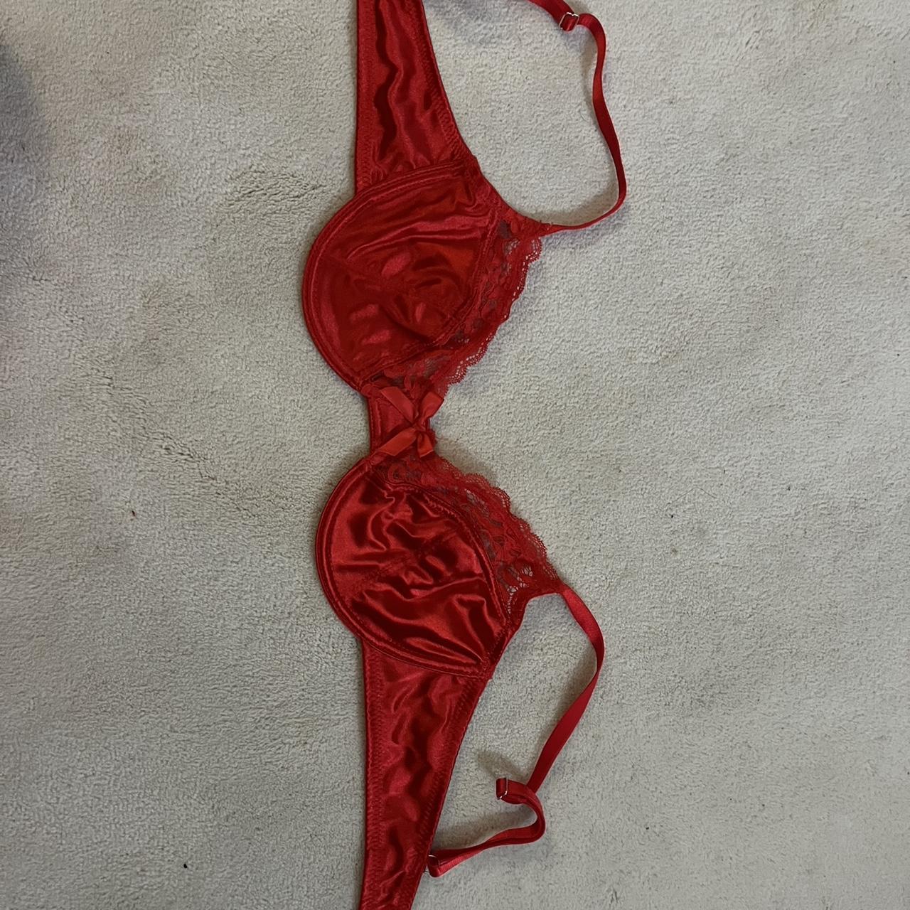 Red satin bra with lace trim and adjustable straps... - Depop