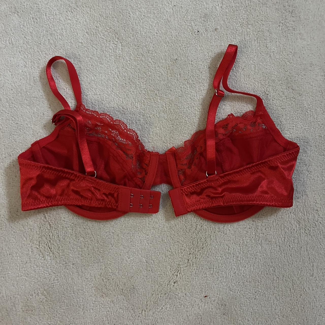 Red satin bra with lace trim and adjustable straps... - Depop