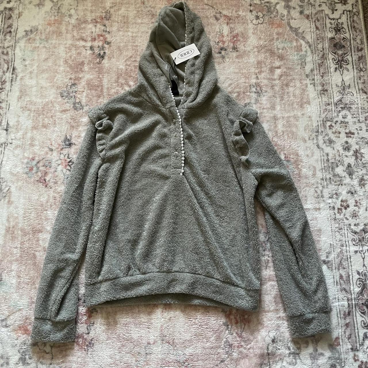 ~ cider grey furry hoodie w/ ruffles on shoulders ~... - Depop
