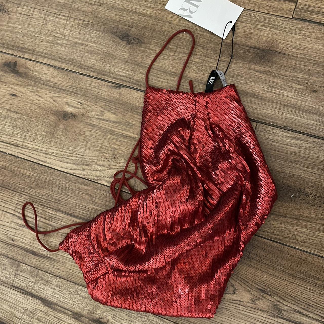 red sequin Zara top tie up back, adjustable brand... - Depop
