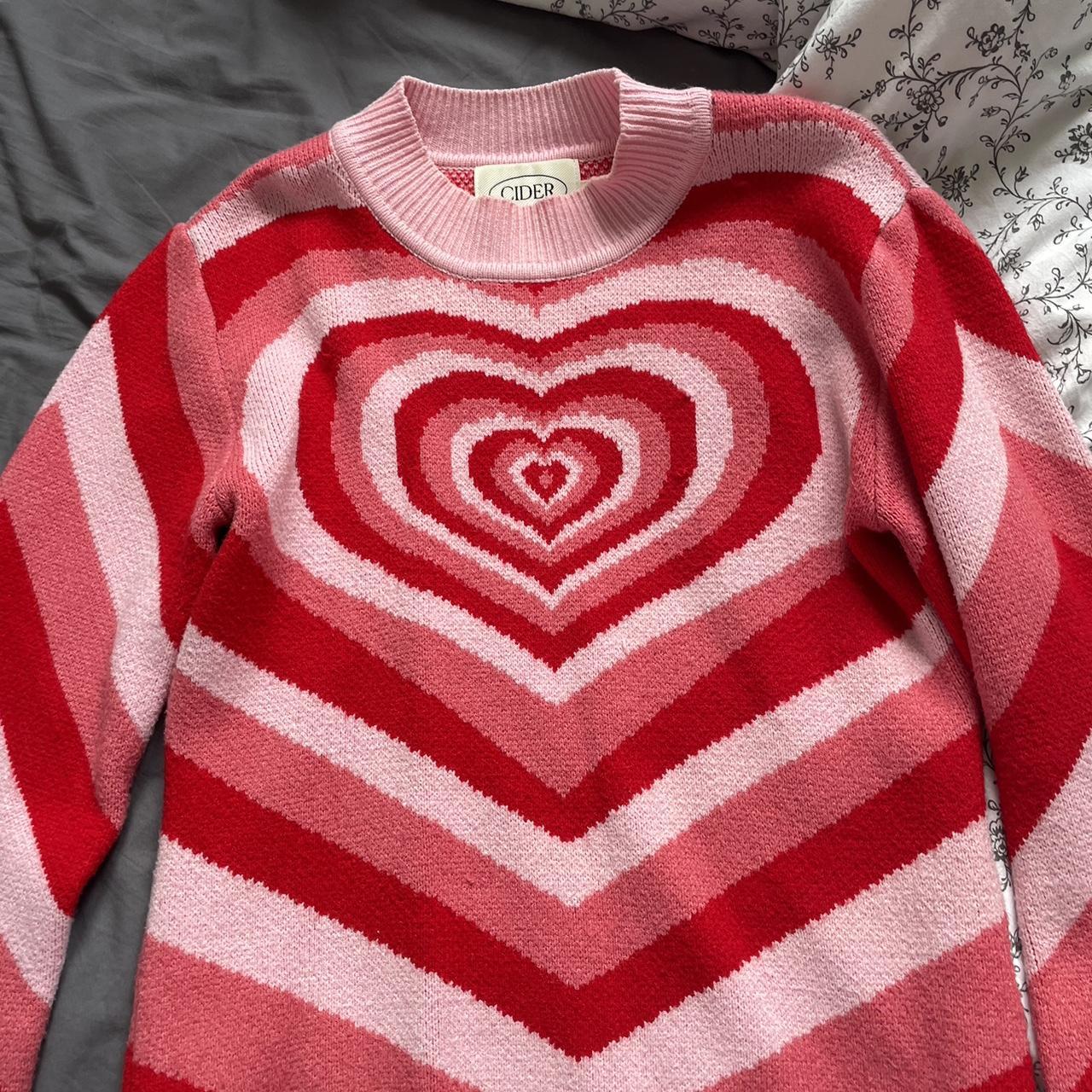 Heart design pink and red knitted jumper from cider,... - Depop