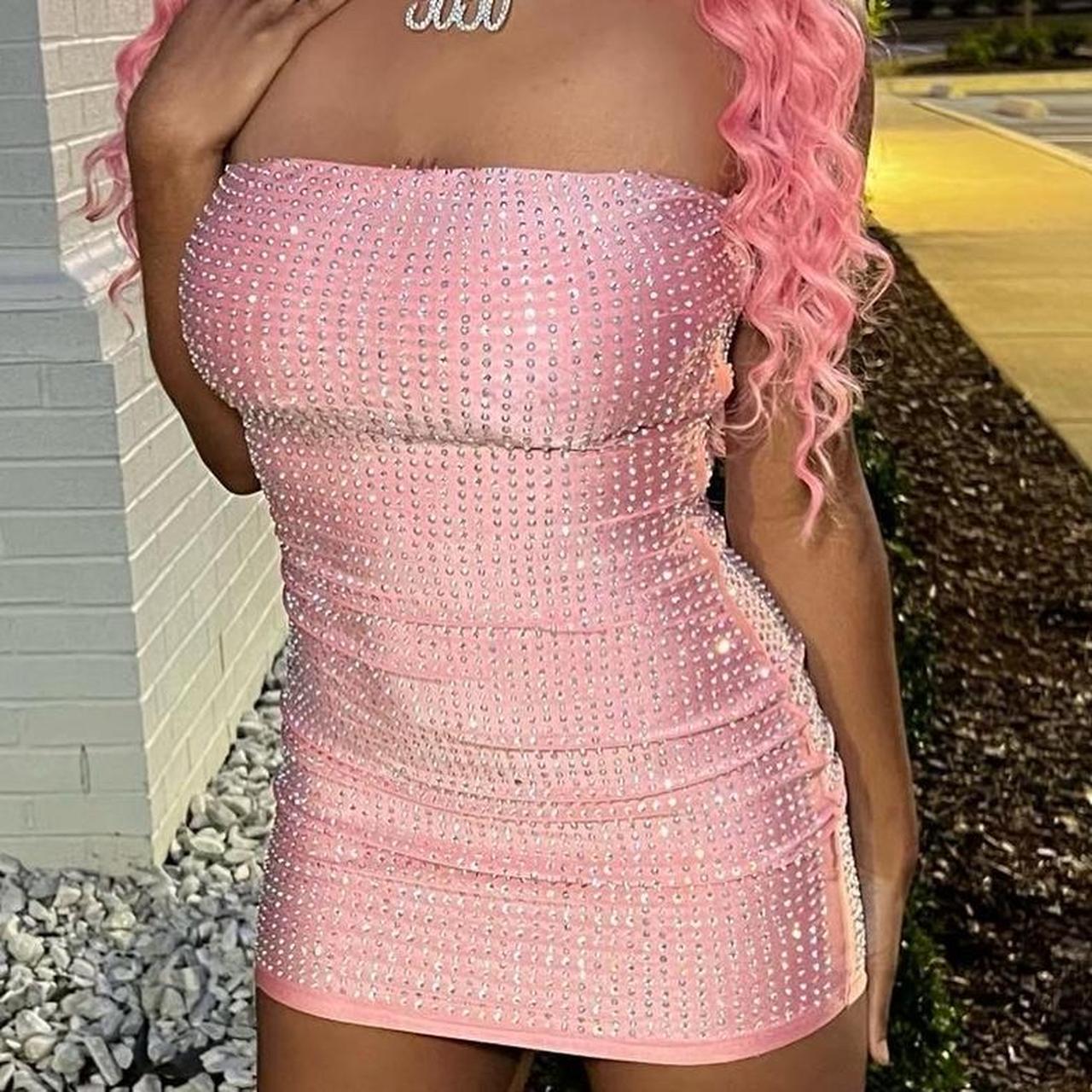 Pink rhinestone mini dress. Only worn once to take... - Depop