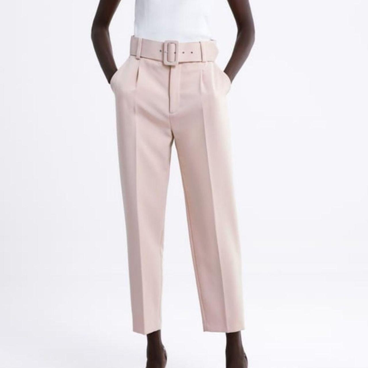 Zara Pleated Pants with Belt in Light Pink Size... - Depop