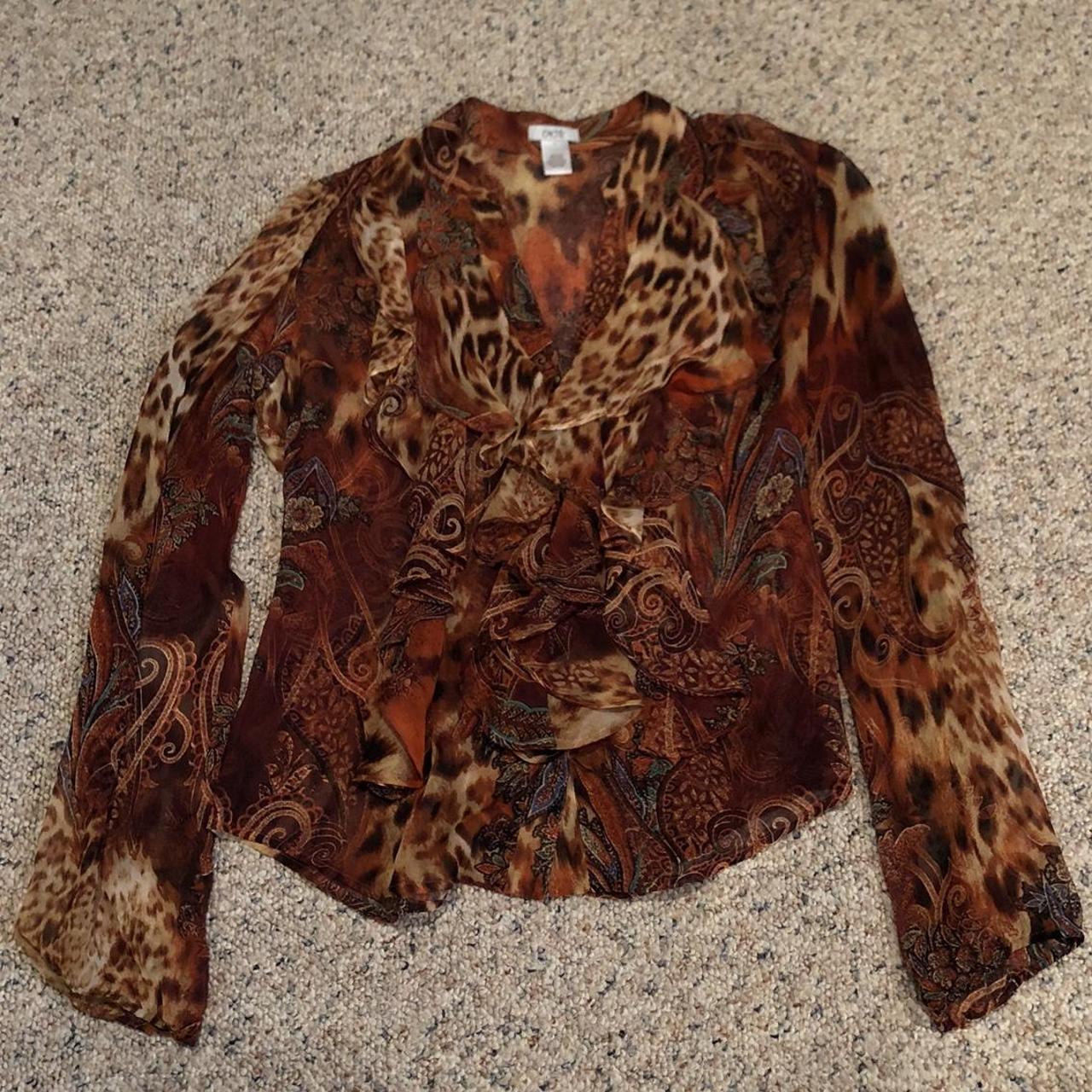 Cache Top Sheer Ruffle 100% Silk Bohemian Animal... - Depop