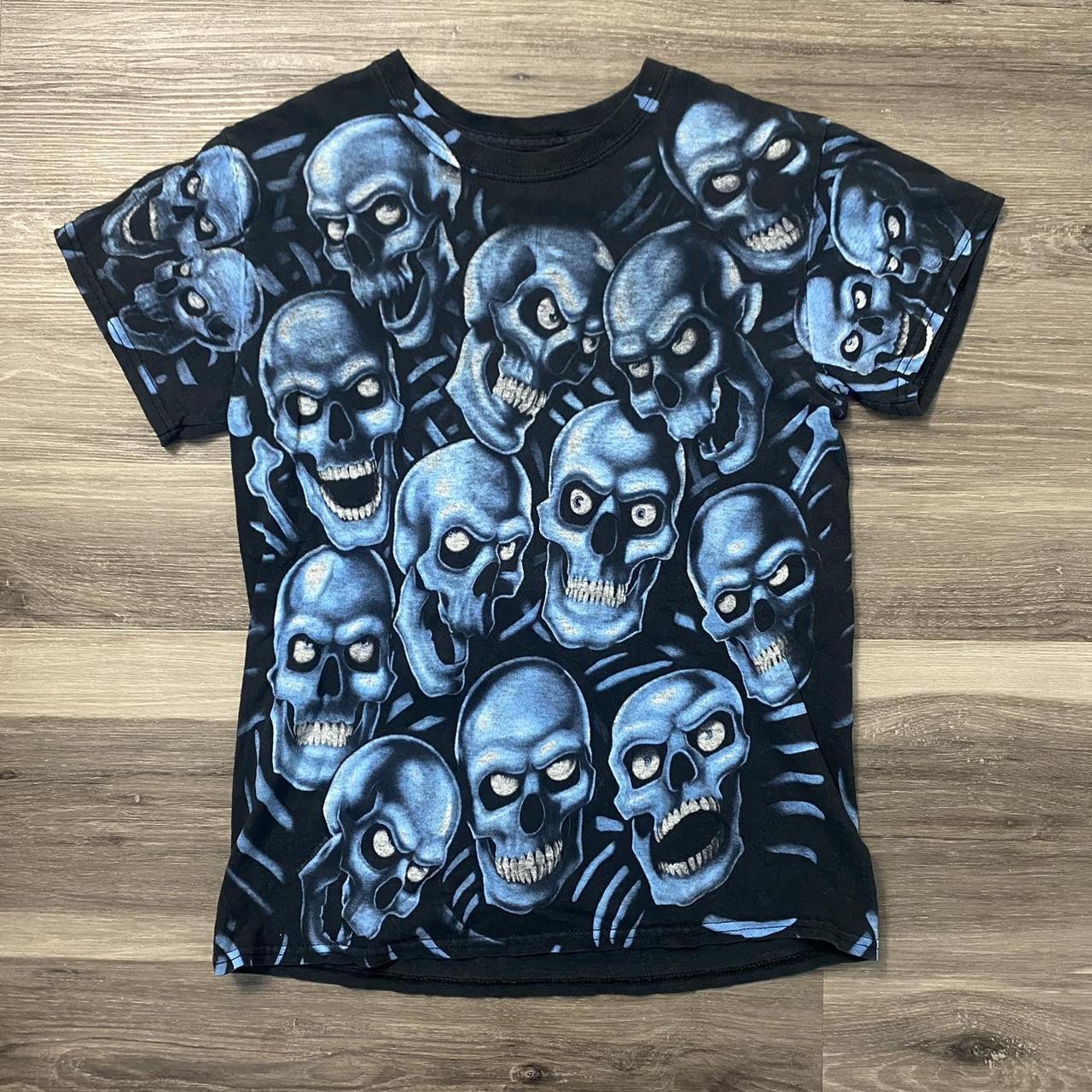 Liquid Blue AOP Blue skull tee. size small. - Depop