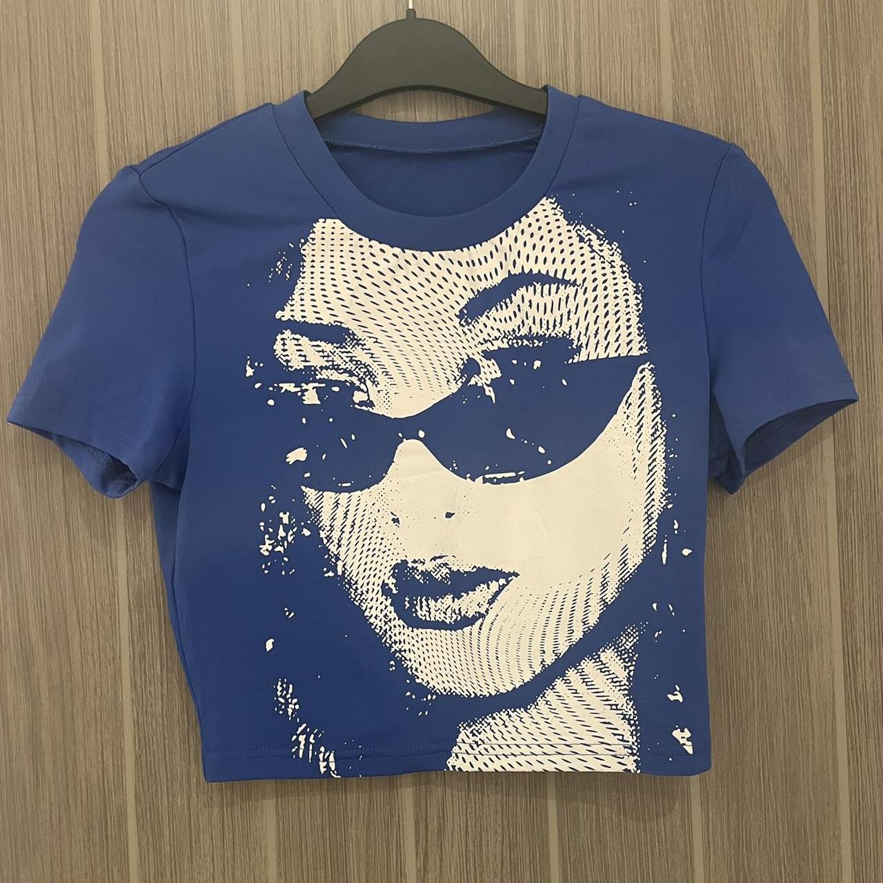 Royal blue printed face crop top Size XS Never worn - Depop