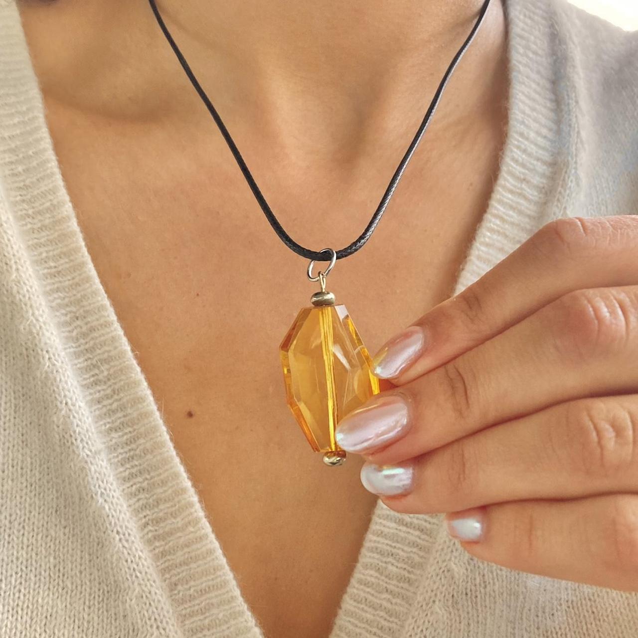 Yellow diamond Y2K necklace Wax black cord 40... - Depop