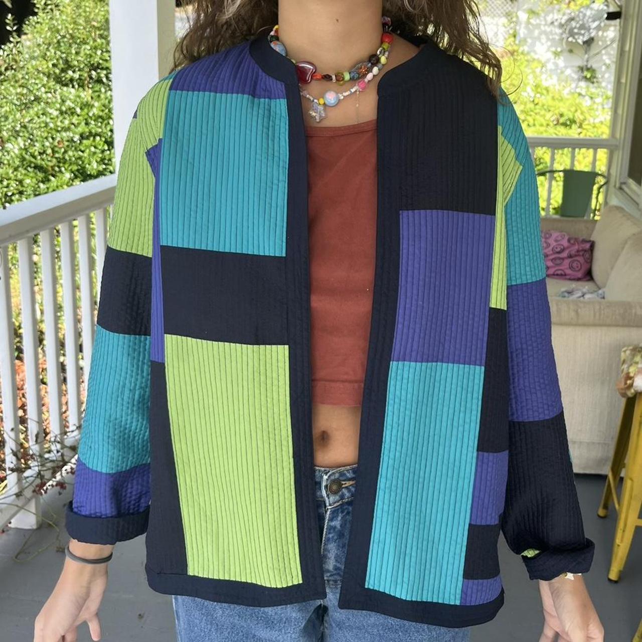 vintage funky mod lightweight jacket green blue and... - Depop