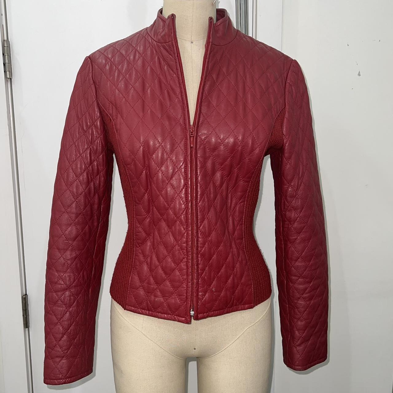 Red Lamb leather moto jacket with quilted design. - Depop