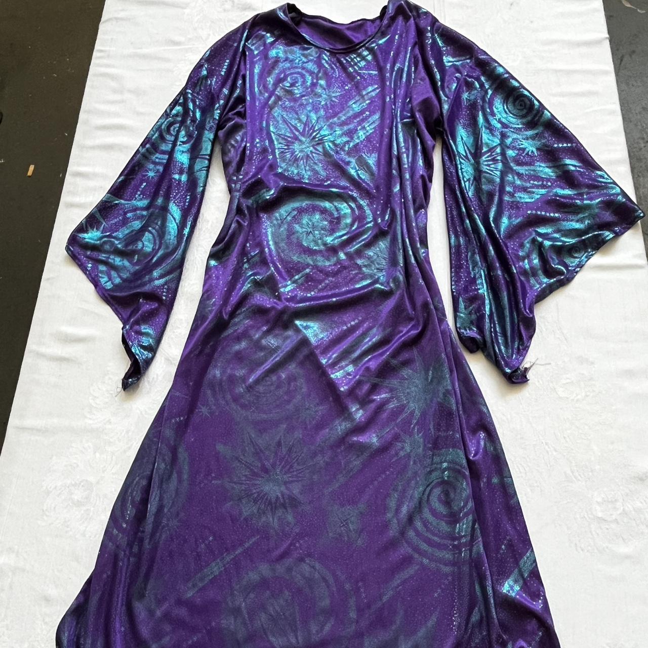 Purple silky wizard gown with shiny blue swirls and... | Depop