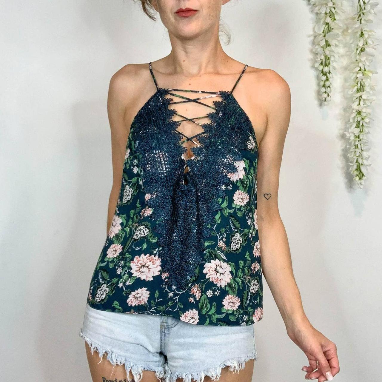 WAYF Posie Strappy Cami lace-up front with deep... - Depop