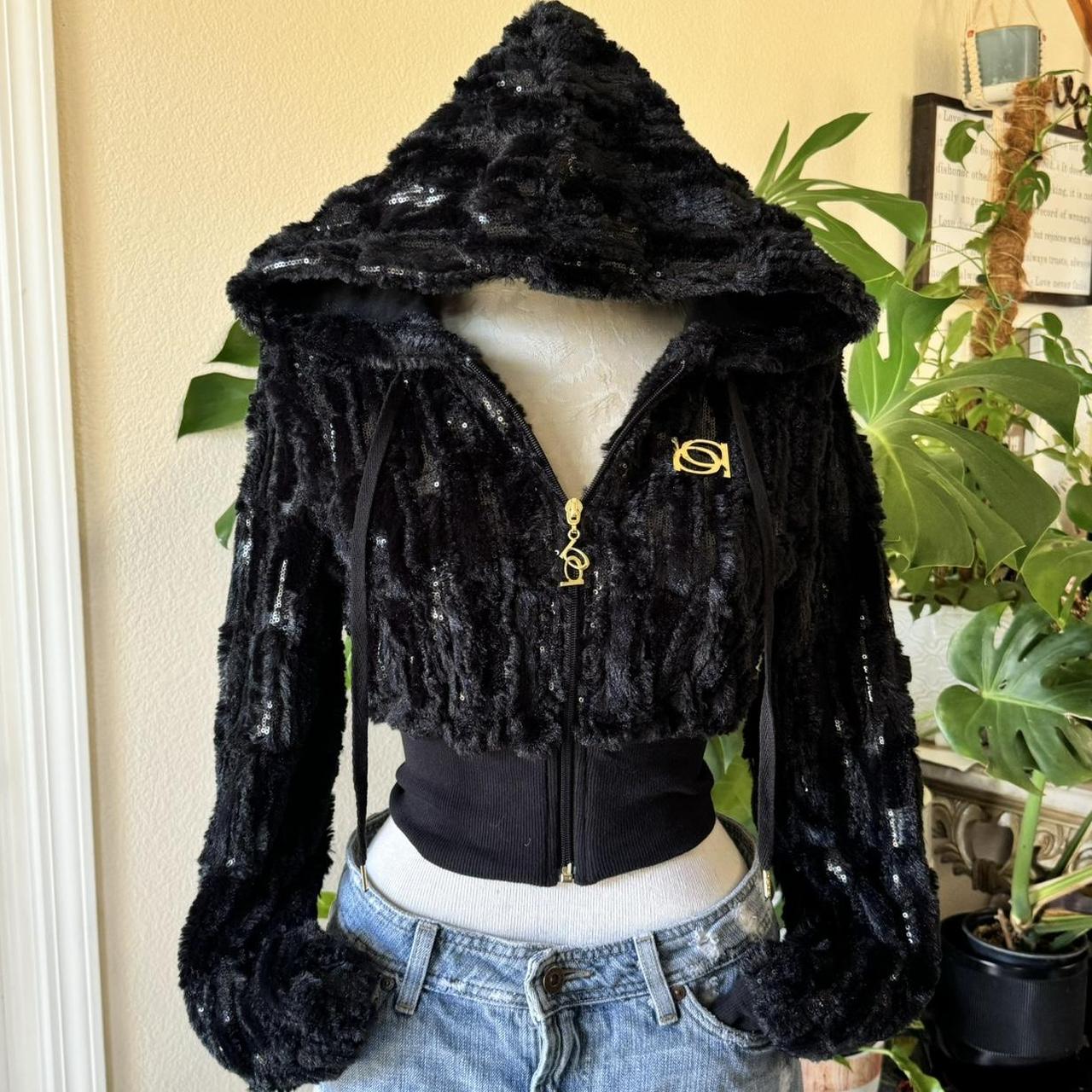 bebe black sequin faux fur zip-up hoodie with gold... - Depop