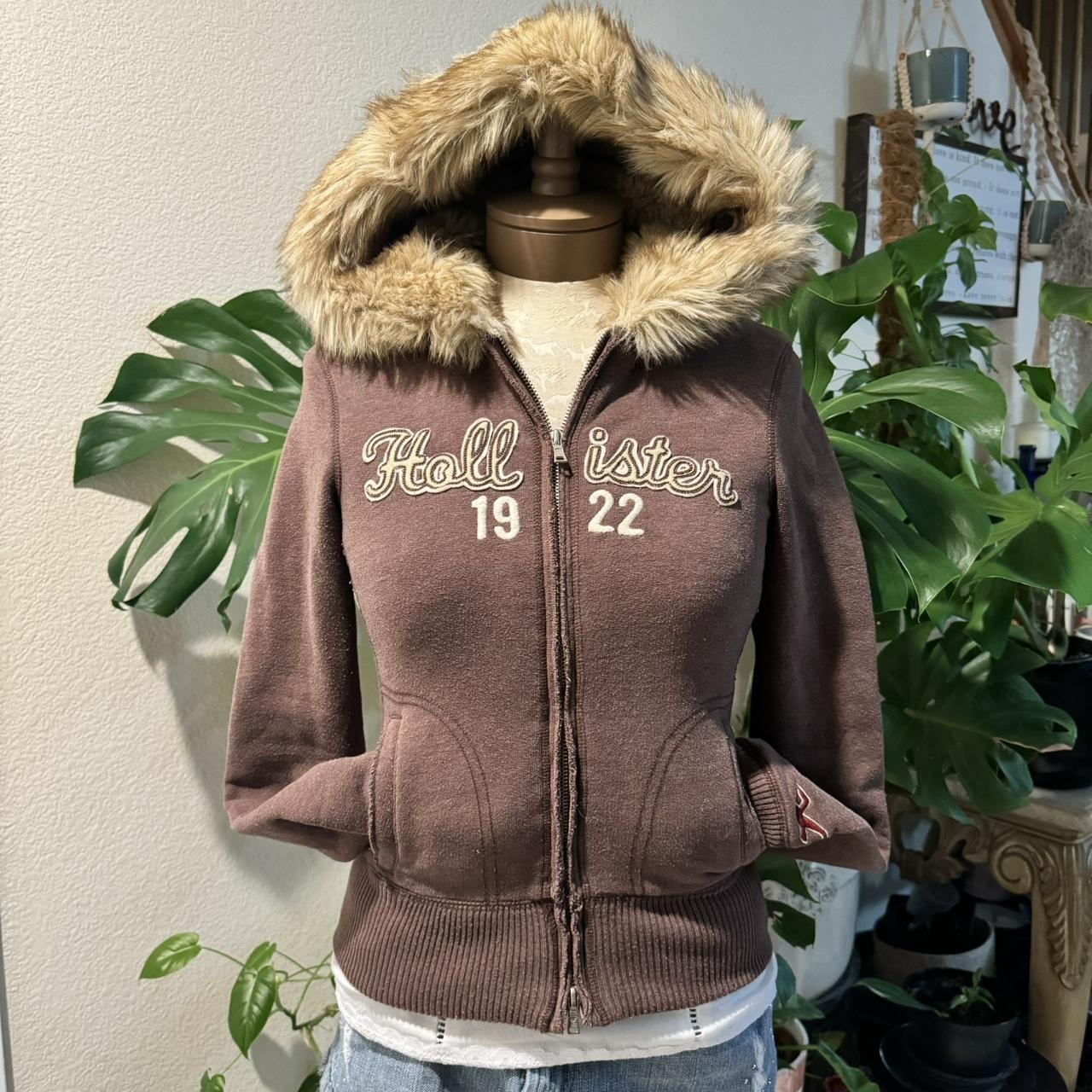 vintage hollister co. brown faux fur double zip-up... - Depop