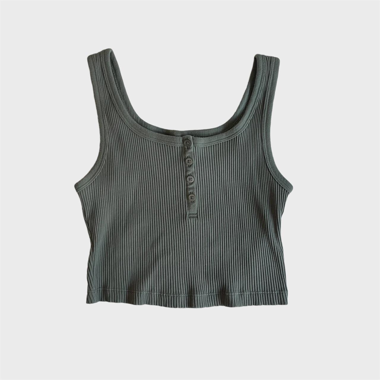 UNIQLO ribbed muted green henley cropped tank top... - Depop