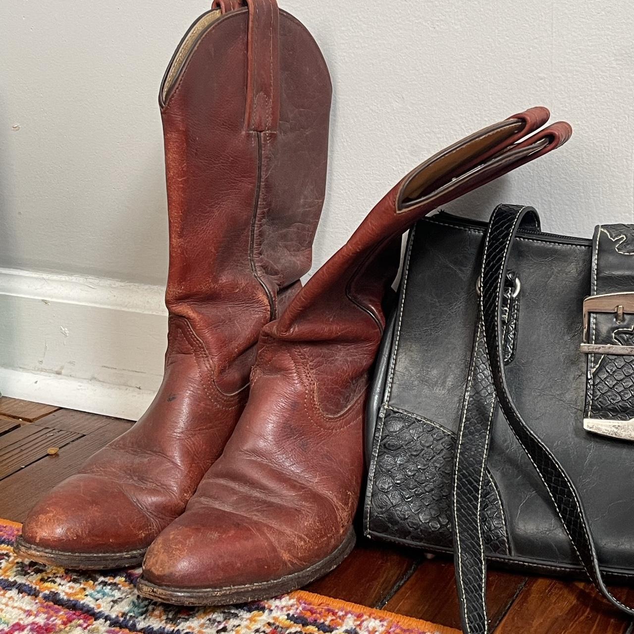 Vintage Frye red leather cowboy boots. Normal wear... - Depop