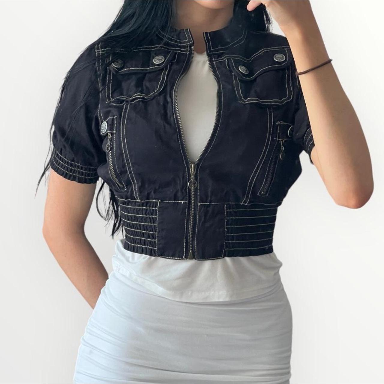 Cute Short Sleeve Crop Jacket Black with silver... - Depop