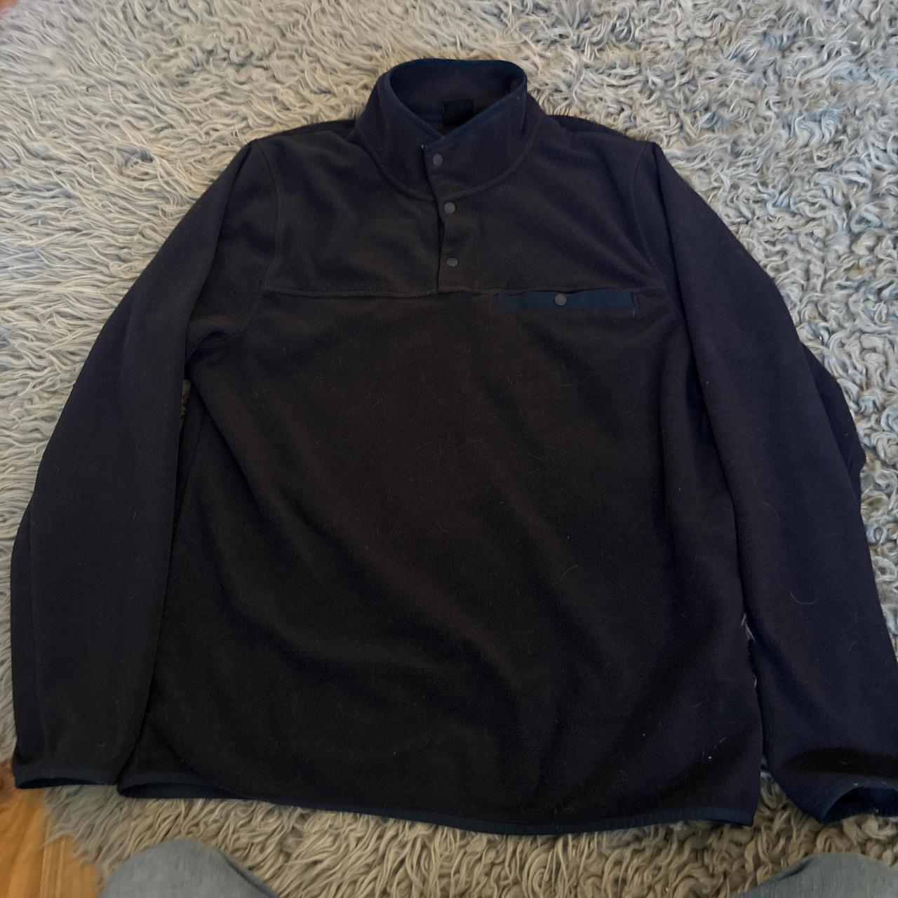 Navy blue fleece pullover with button-up collar... | Depop